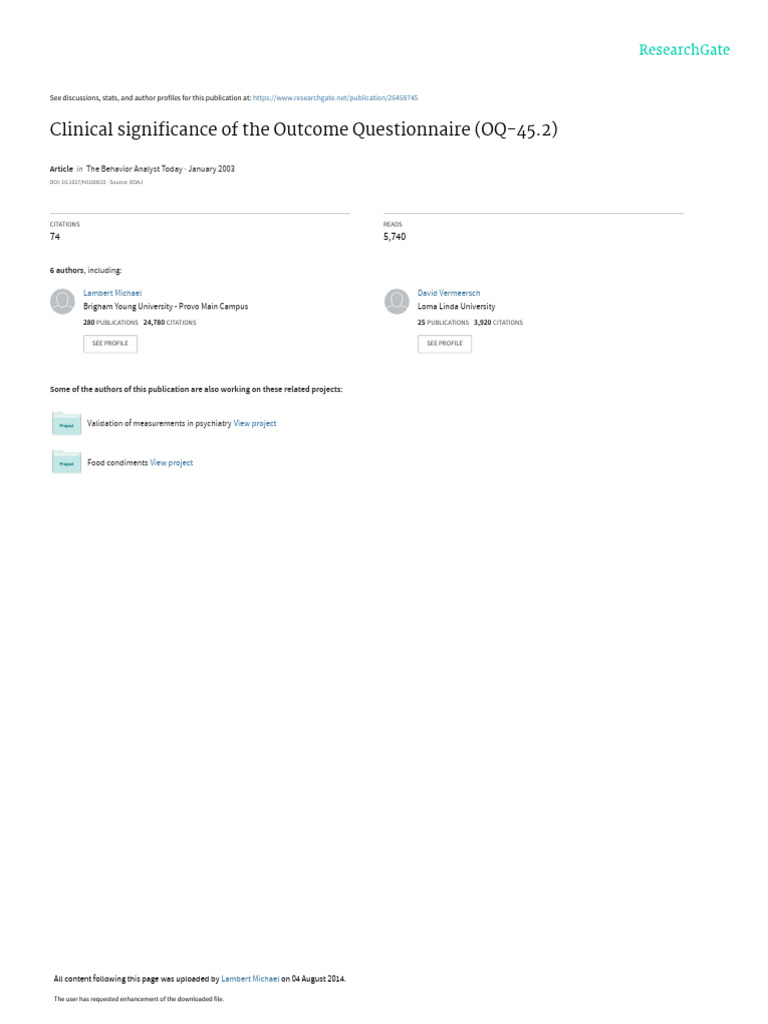 Outcome Questionnaire OQ 45 Clinical - Significance | PDF | Classical ...