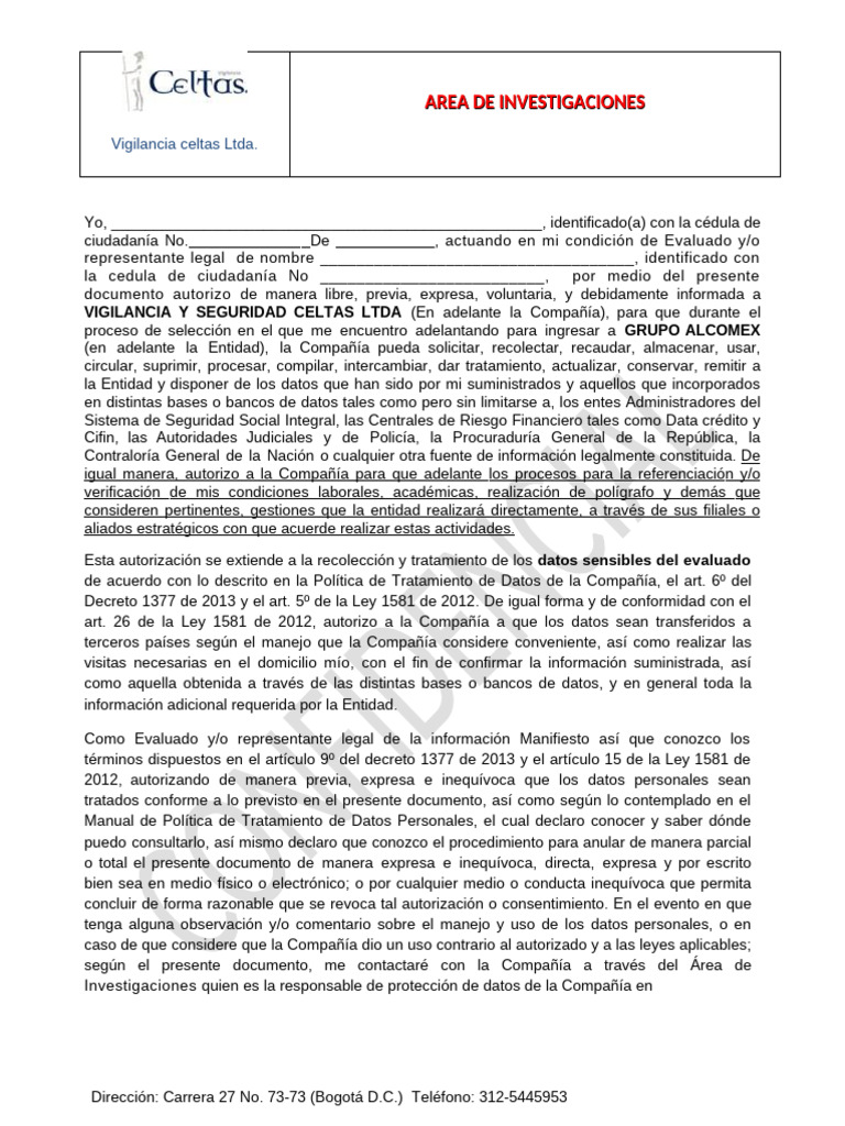 Formato de Habeas Data Celtas - Ac | PDF