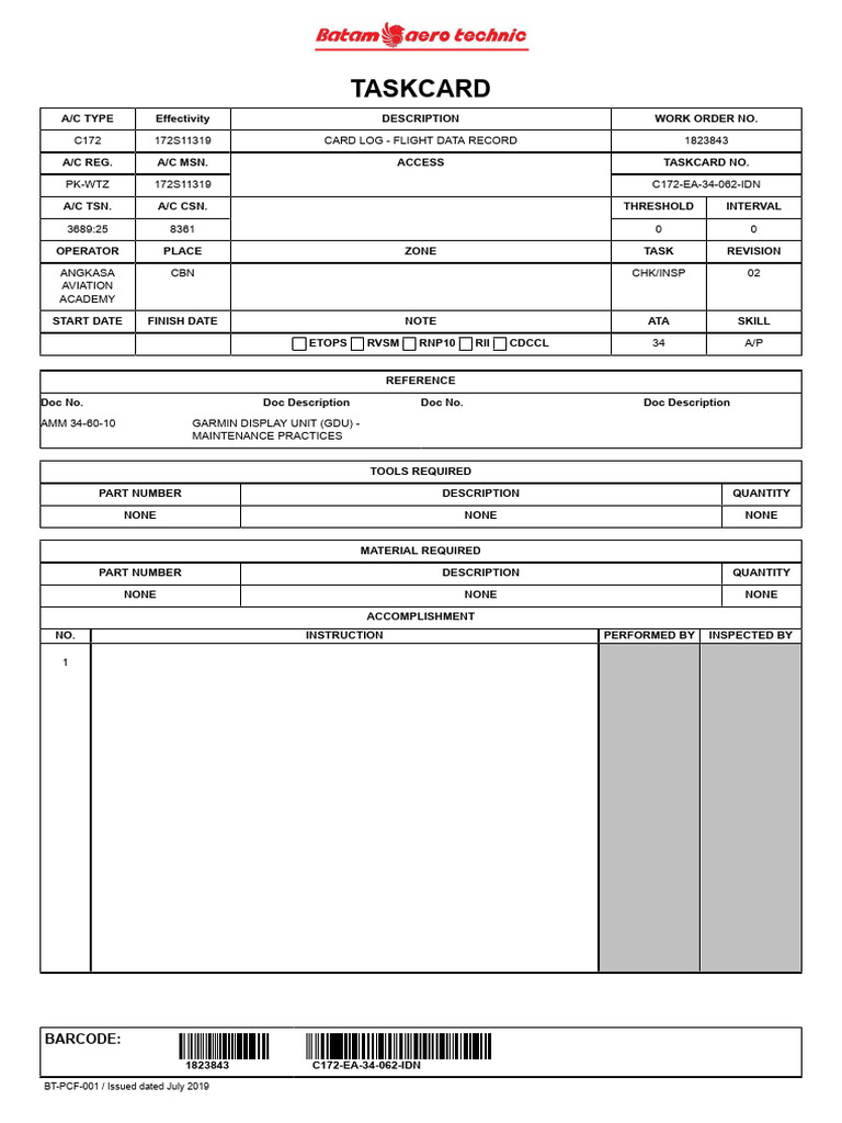 Taskcard: C172 172S11319 Card Log - Flight Data Record 1823843 | PDF | Aviation | Computing