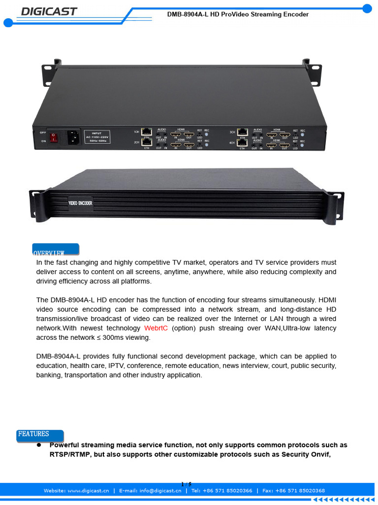 DMB-8904A-L HD Streaming Encoder Overview | PDF | Streaming Media | Hdmi
