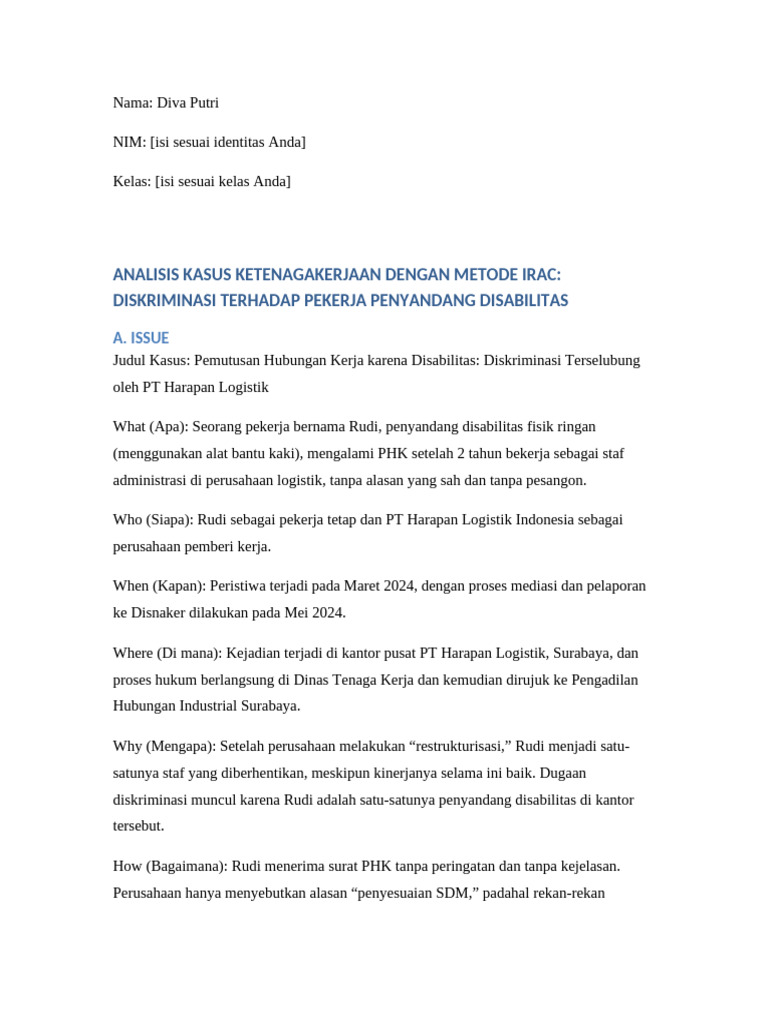 Kasus Ketenagakerjaan Diskriminasi Disabilitas IRAC | PDF