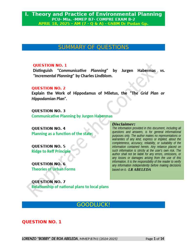 Environmental Planning Exam Q&A Guide | PDF | Sustainability | City