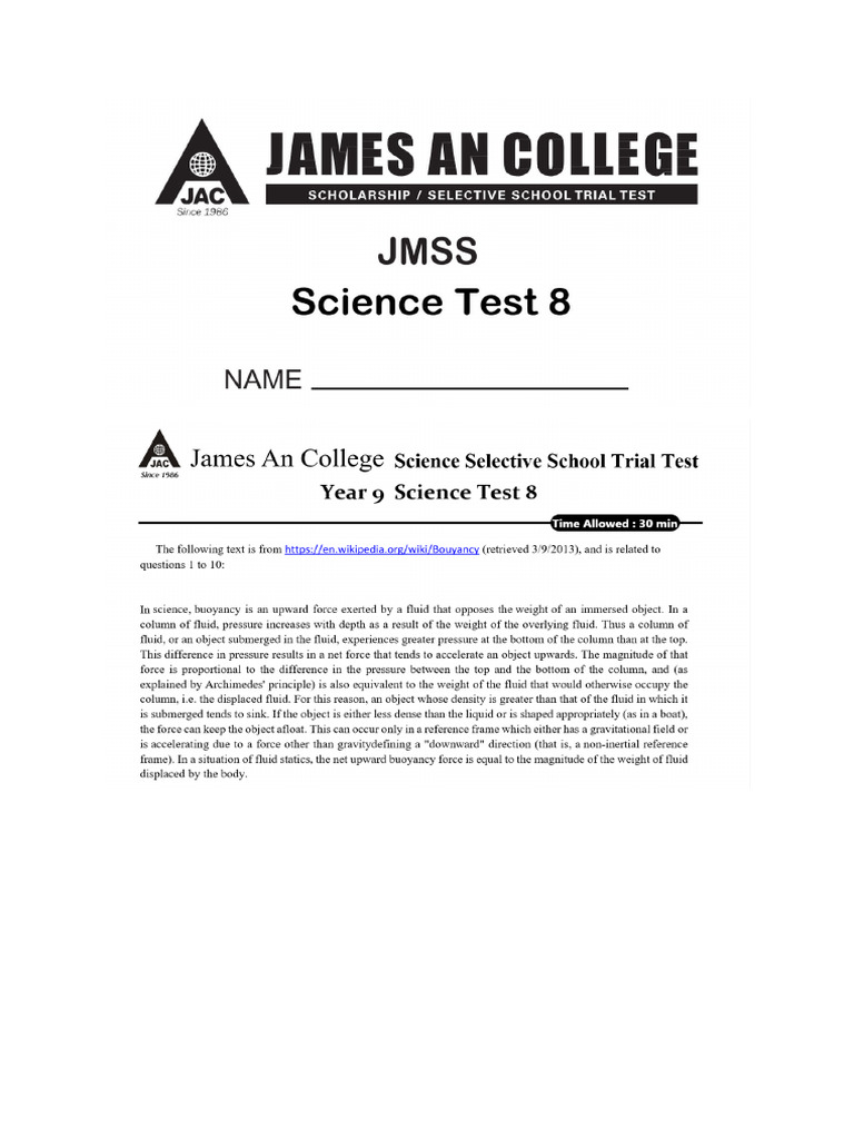JMSS Science Test 8 | PDF