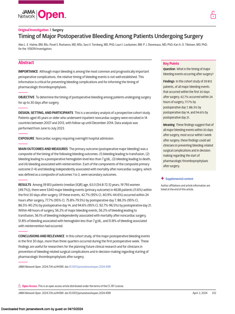 Postoperative Bleeding Timing Insights | PDF | Surgery | Clinical Medicine