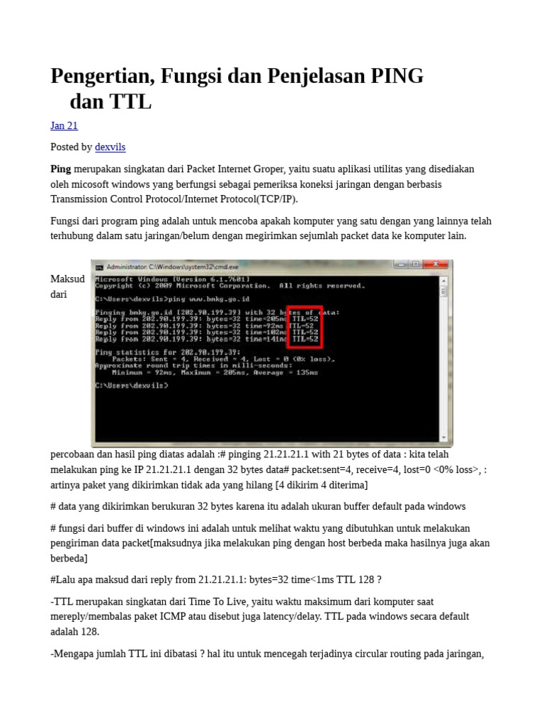 Pengertian Fungsi Dan Penjelasan PING Dan TTL | PDF