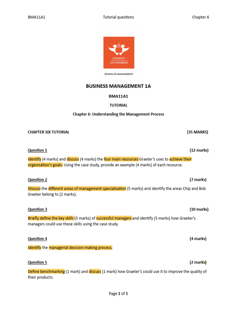 BMA Chapter 6 Tutorial Questions | PDF