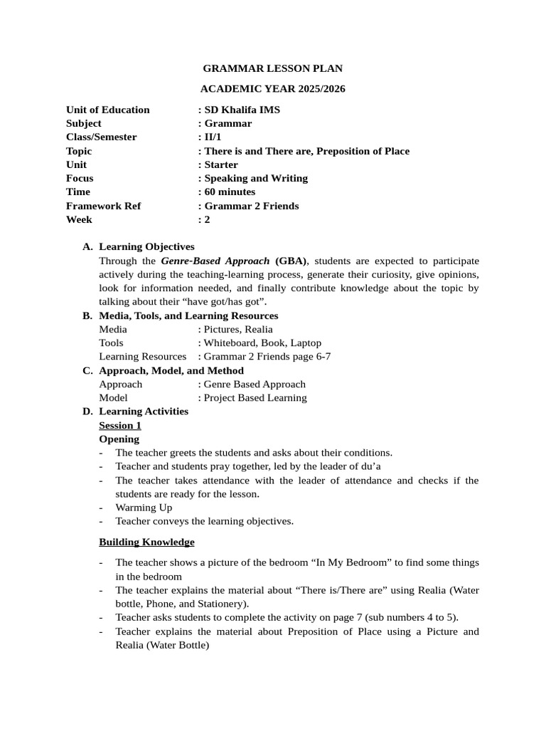 P2 Grammar Lesson Plan - Week 2 | PDF | Communication | Procedural Knowledge