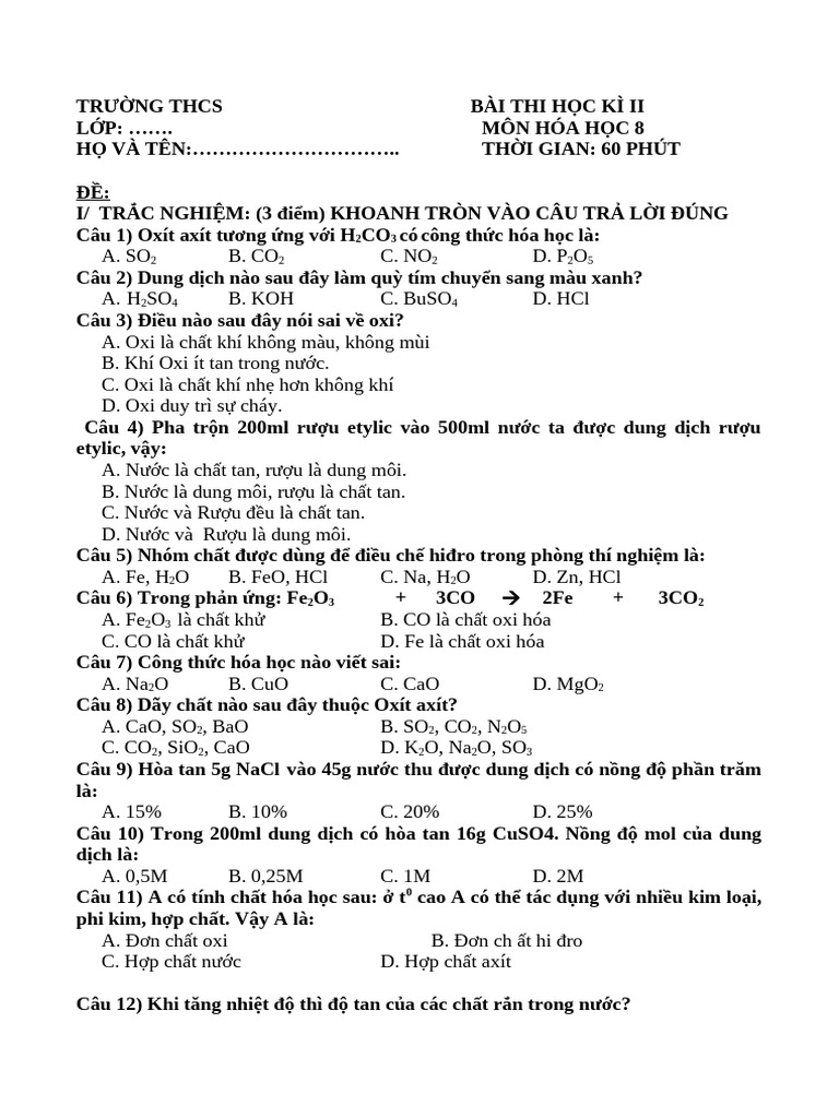 De Thi HKII Hoa 8 | PDF