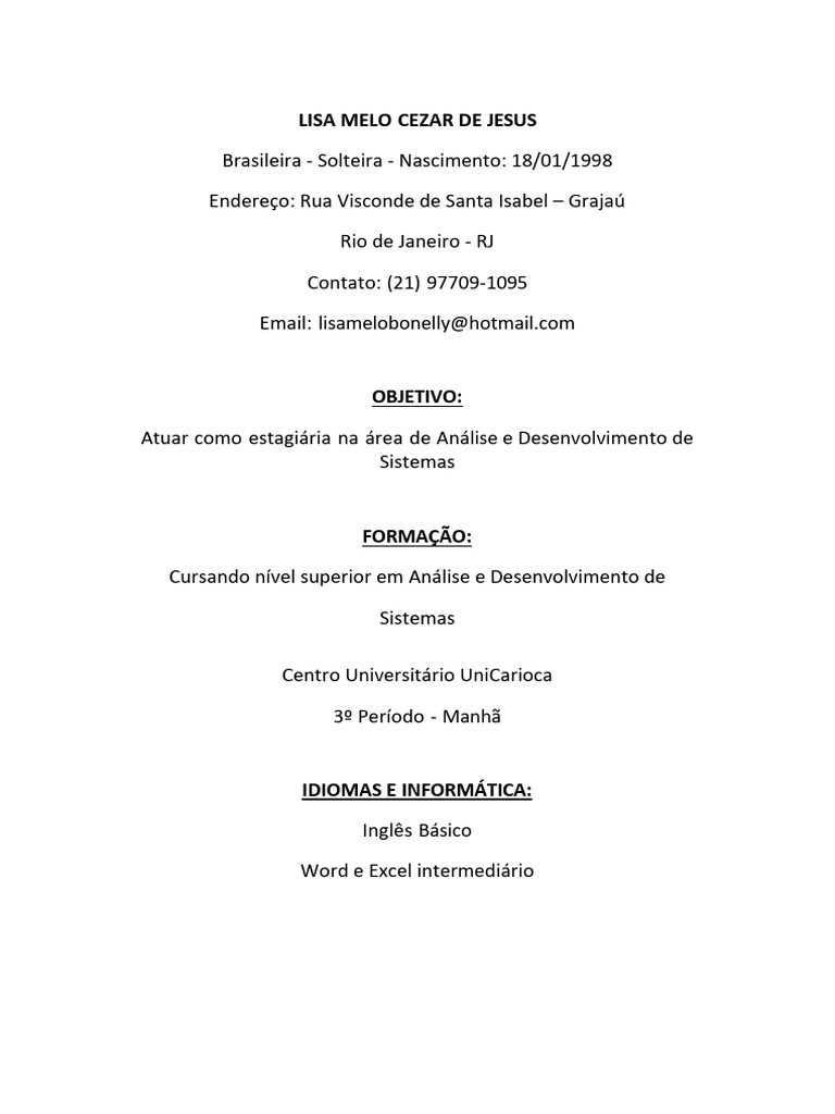 Estágio em Análise de Sistemas - Lisa Melo | PDF