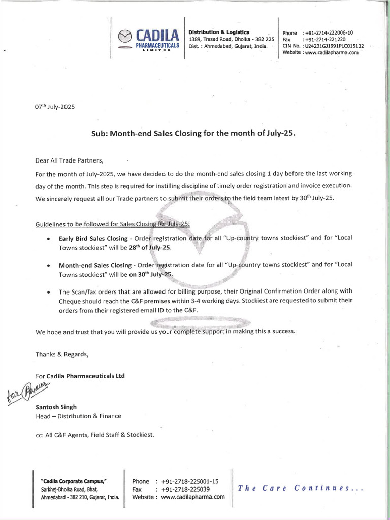 Circular - Sales Closing - July.2025 | PDF