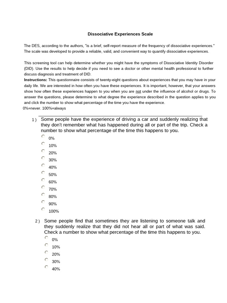 Child Dissociative Experiences Scale | PDF | Dissociation (Psychology ...