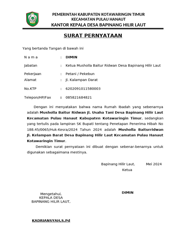Surat Pernyataan Musholla Baitur Ridwan | PDF