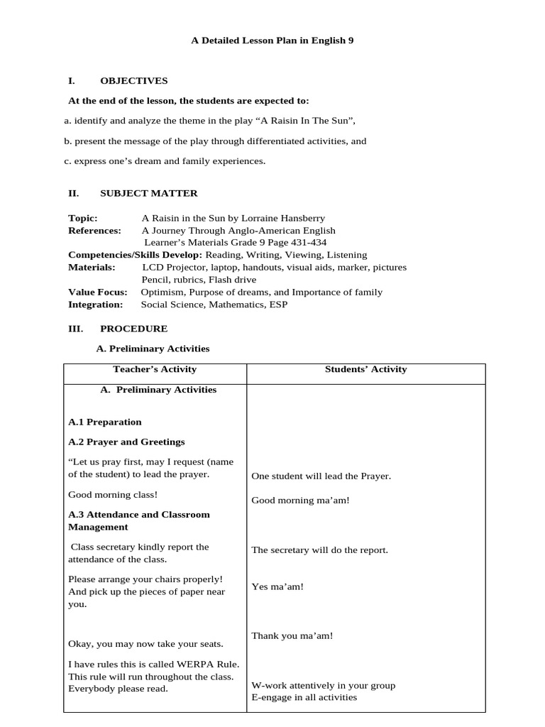 Lesson Plan: Analyzing "A Raisin in the Sun" | PDF