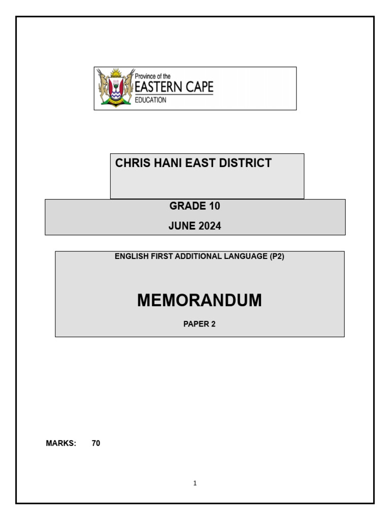 Grade 10 English Paper 2 Memorandum | PDF