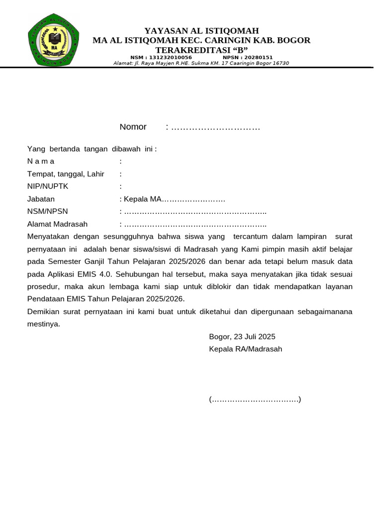 Contoh Pernyataan Input Siswa Emis 4.0 | PDF