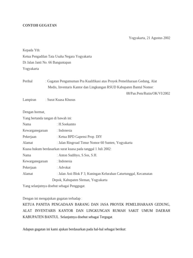 Contoh Surat Gugatan Pengadaan Barang | PDF