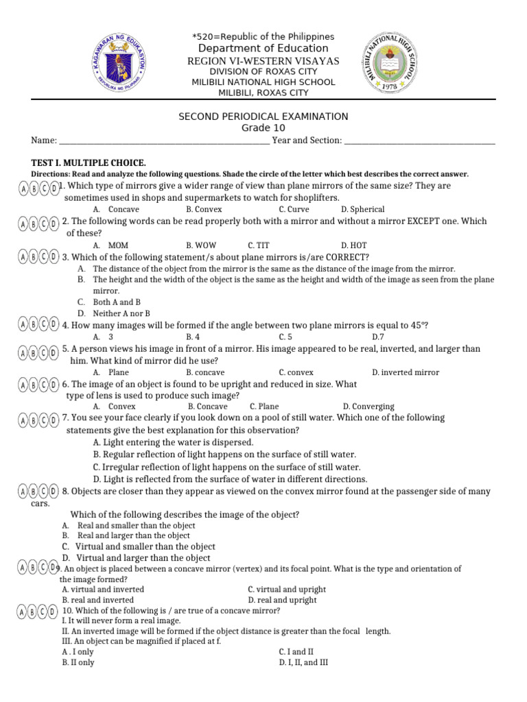 Second Periodical Test Grade10 | PDF | Electromagnetic Radiation ...