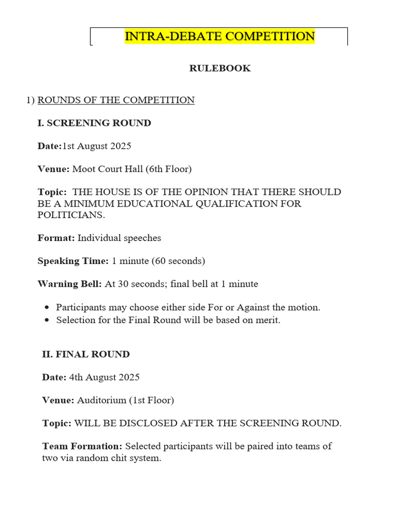 Intra-Debate Competition Rulebook 2025 | PDF