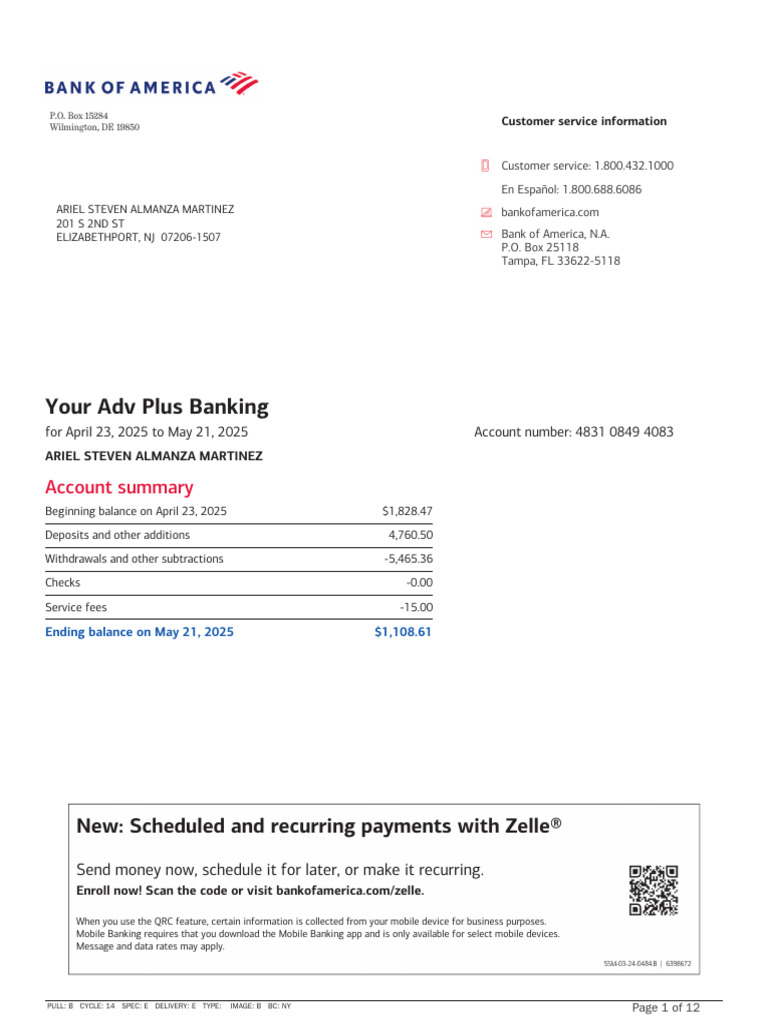 Bank of America Account Summary 2025 | PDF | Deposit Account | Receipt