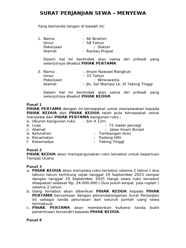 Surat Perjanjian Sewa Ruko 2023-2025 | PDF
