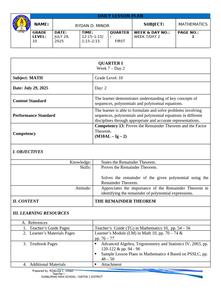 Grade 10 Math Lesson: Remainder Theorem | PDF | Polynomial ...