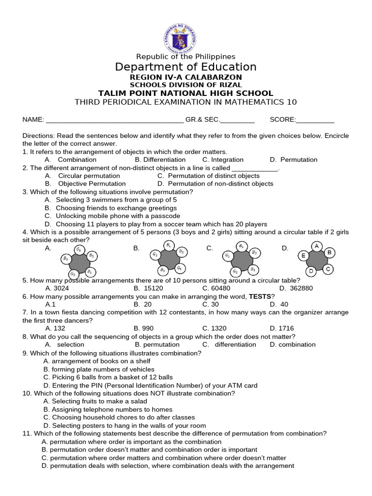 Math 10 Periodical Exam Guide | PDF | Permutation | Dice