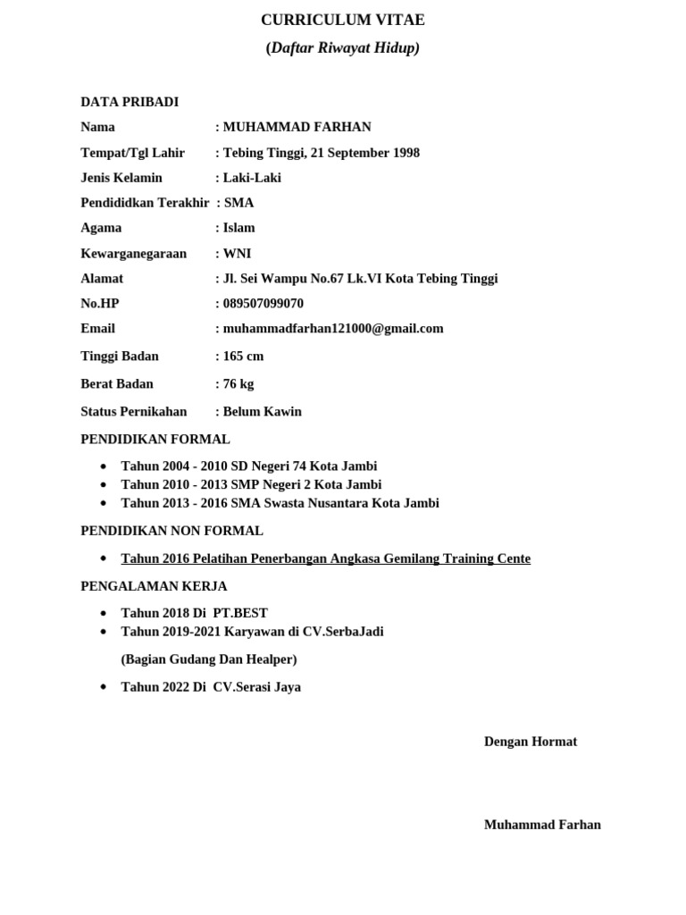 Curriculum Vitae Muhammad Farhan | PDF