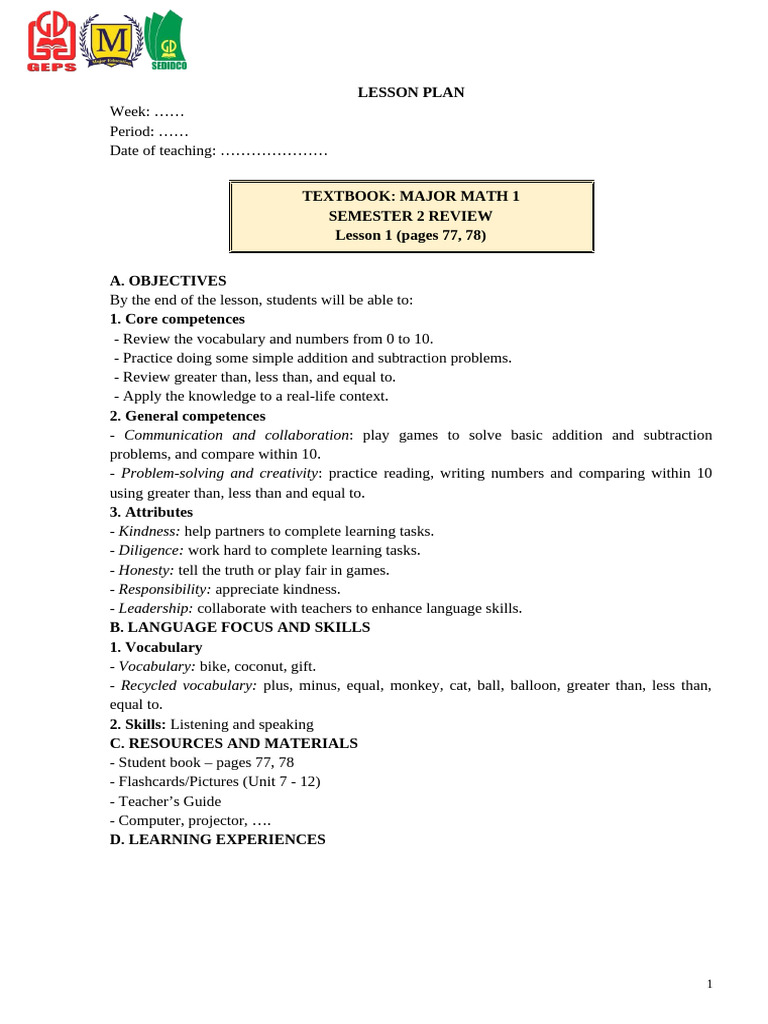 Major Math 1 - Semester 2 Review - Lesson 1 | PDF | Vocabulary | Learning