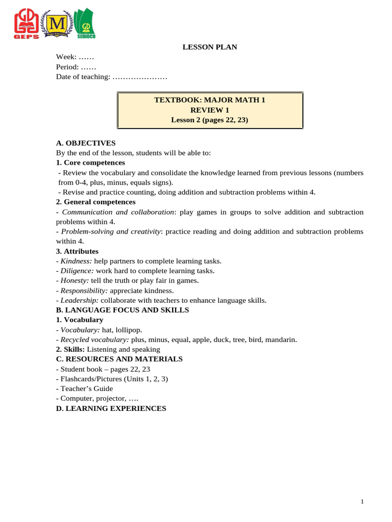 Major Math 1 Lesson Plan: Review 1 | PDF | Human Communication | Learning