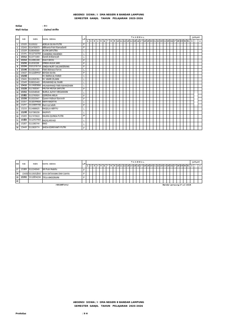 FORM Absensi Siswa Kelas X 2022 2023 | PDF