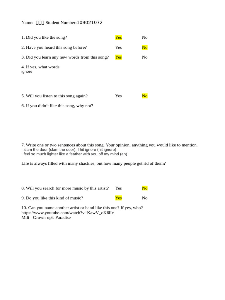 Song Feedback Survey Responses | PDF