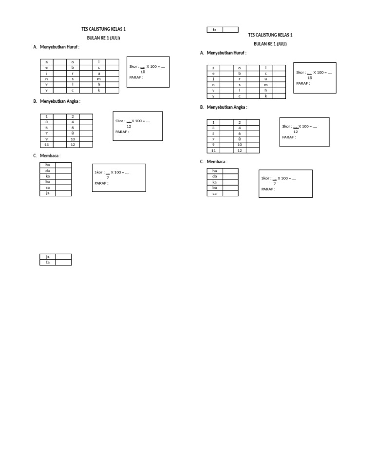 Tes Calistung Kelas 1 | PDF