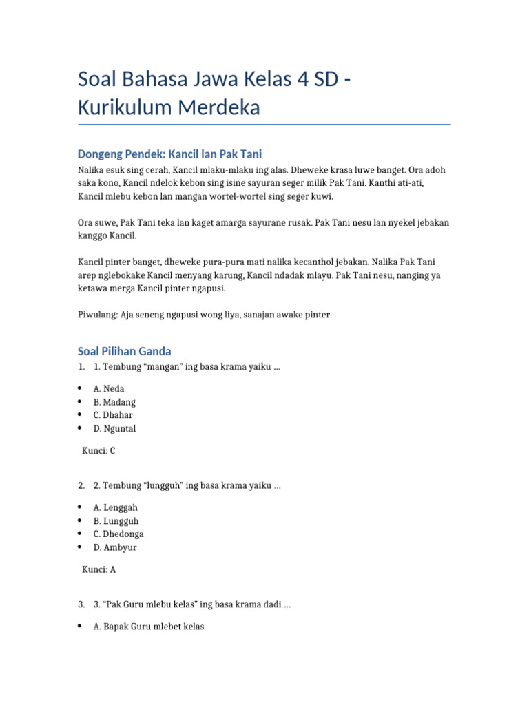 Soal Bahasa Jawa Kelas 4 SD Kurikulum Merdeka | PDF