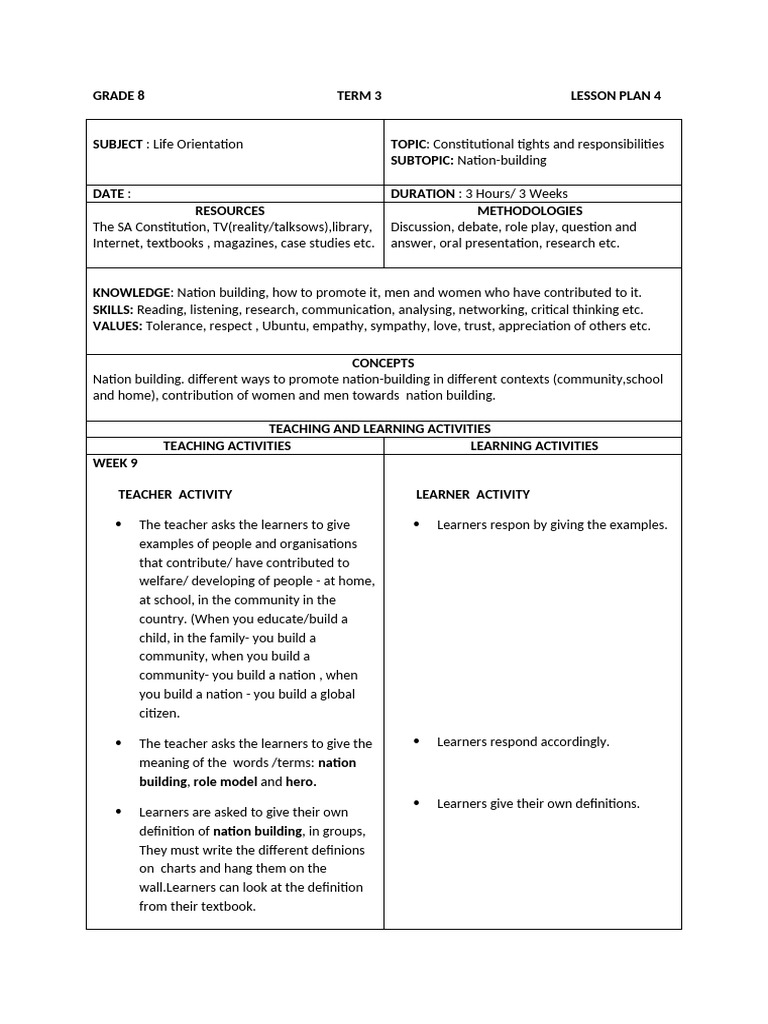 Grade 8 Terrm 3 Life Orientation Lesson Plans | PDF | Learning | Lesson ...