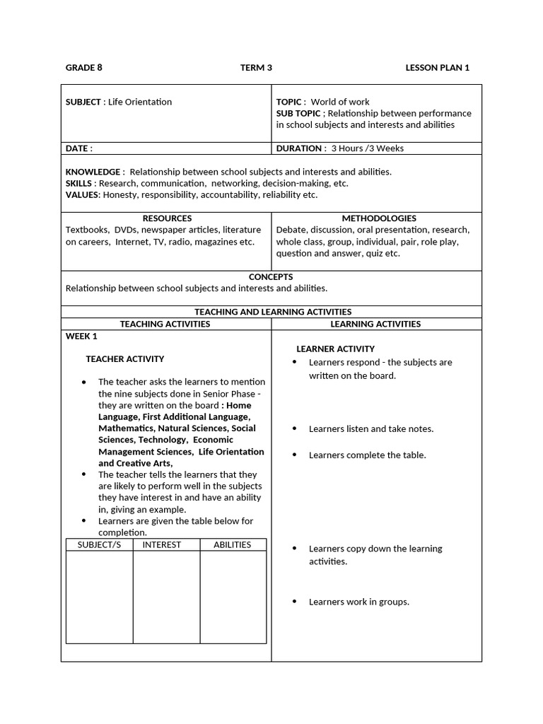 Grade 8 Term 3 Lesson Plan 1 | PDF | Learning | Critical Thinking
