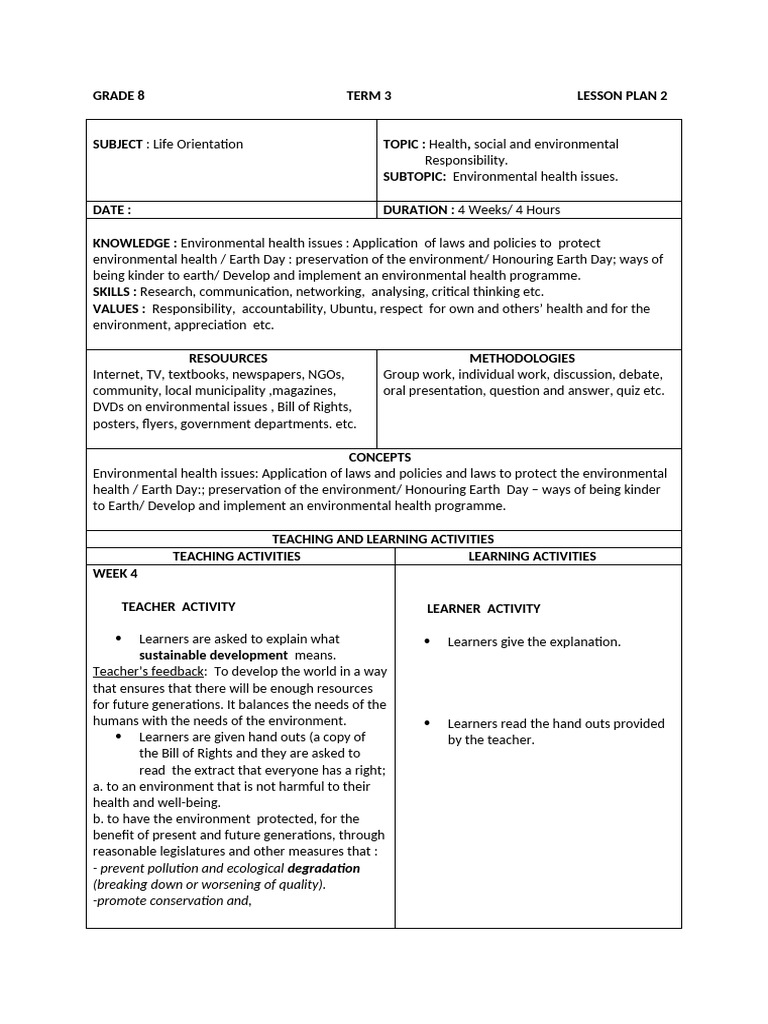 Grade 8 Term 3 Lesson Plan 2 | PDF | Waste | Recycling