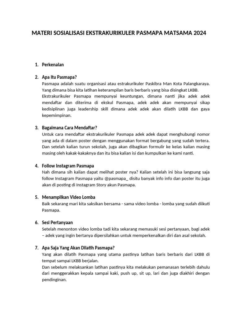 Materi Sosialisasi Ekstrakurikuler Pasmapa Matsama 2024 | PDF