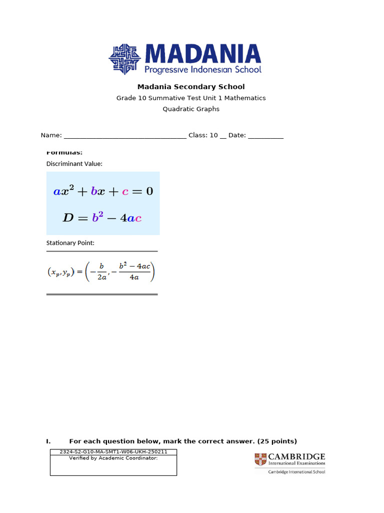 2324 S2 G10 MA SMT1 W06 UKH 250211 Quadratic Graphs | PDF | Quadratic Equation | Mathematics