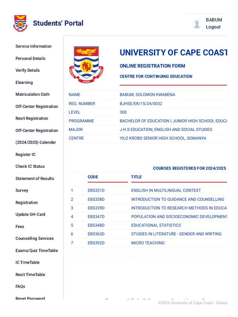 Student Portal - University of Cape Coast | PDF