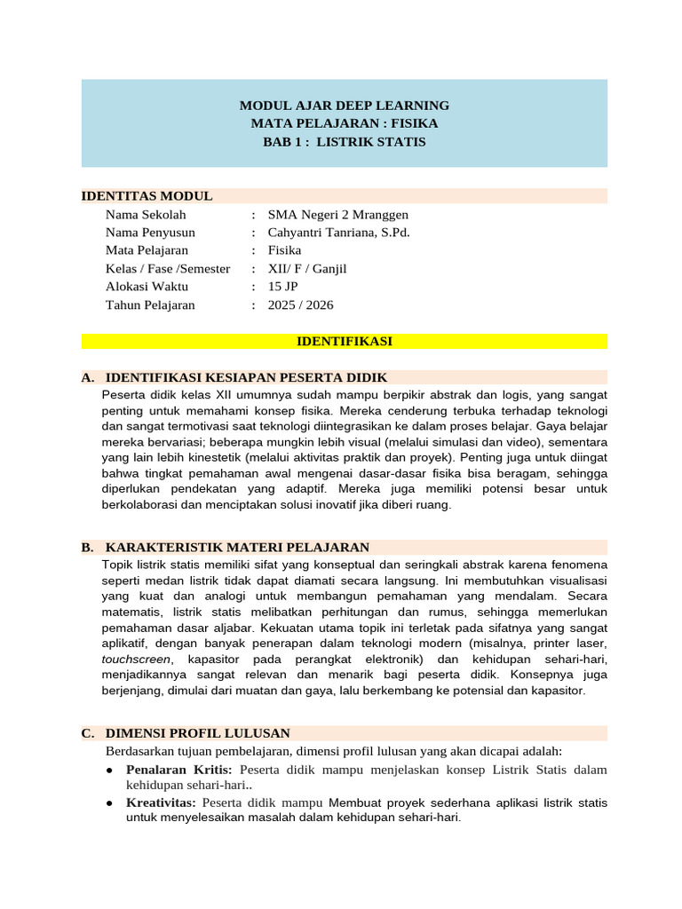 Modul Ajar Listrik Statis Kelas 12 | PDF
