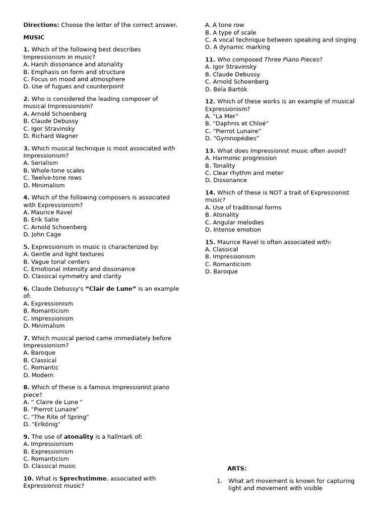 Q1 Quiz .1 Impressionism and Expressionism | PDF | Impressionism ...