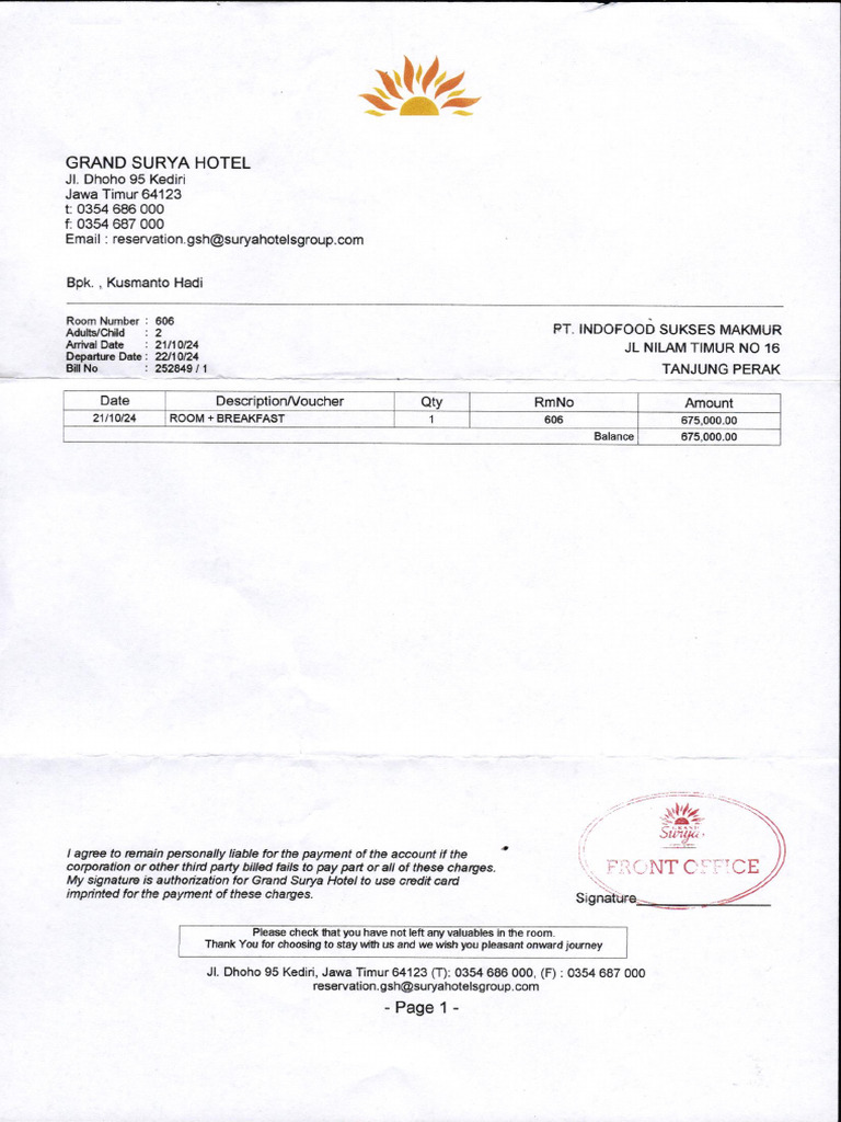 Grand Surya Hotel Invoice Details | PDF
