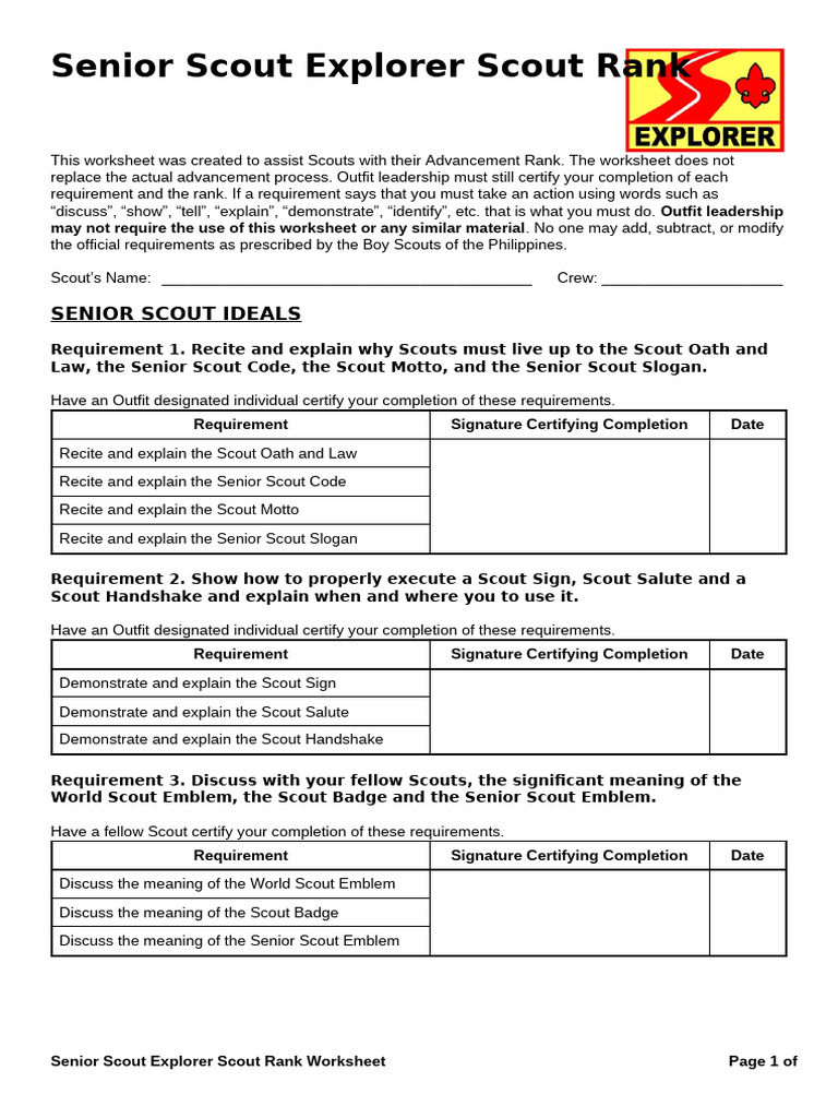 Senior Scout Explorer Rank Worksheet | PDF | Scouting