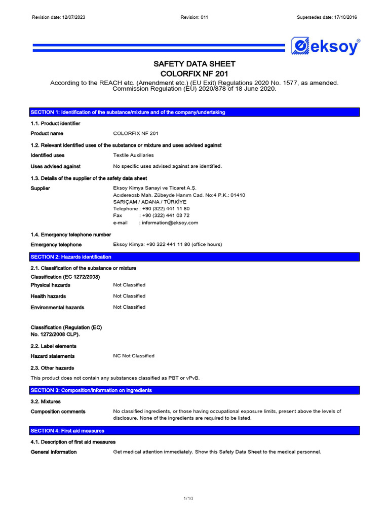Safety Data Sheet for COLORFIX NF 201 | PDF | Dangerous Goods ...