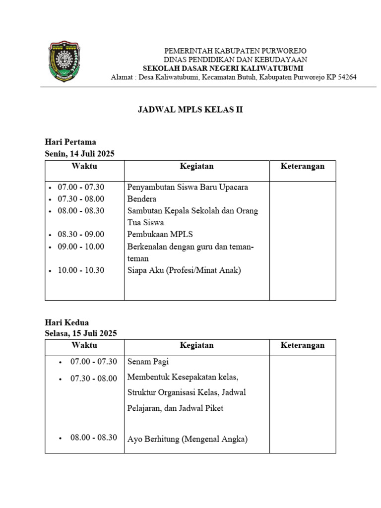 Jadwal Mpls Kelas II | PDF