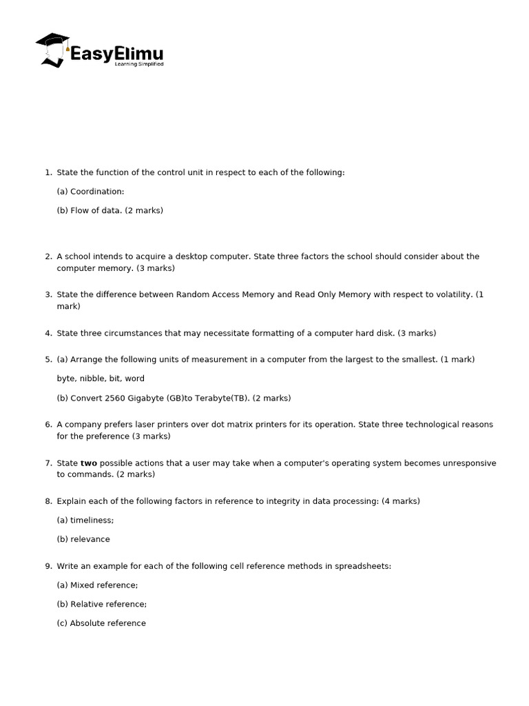 Computer Studies Paper 1 - KCSE 2024 Past Papers Questions and Answers ...