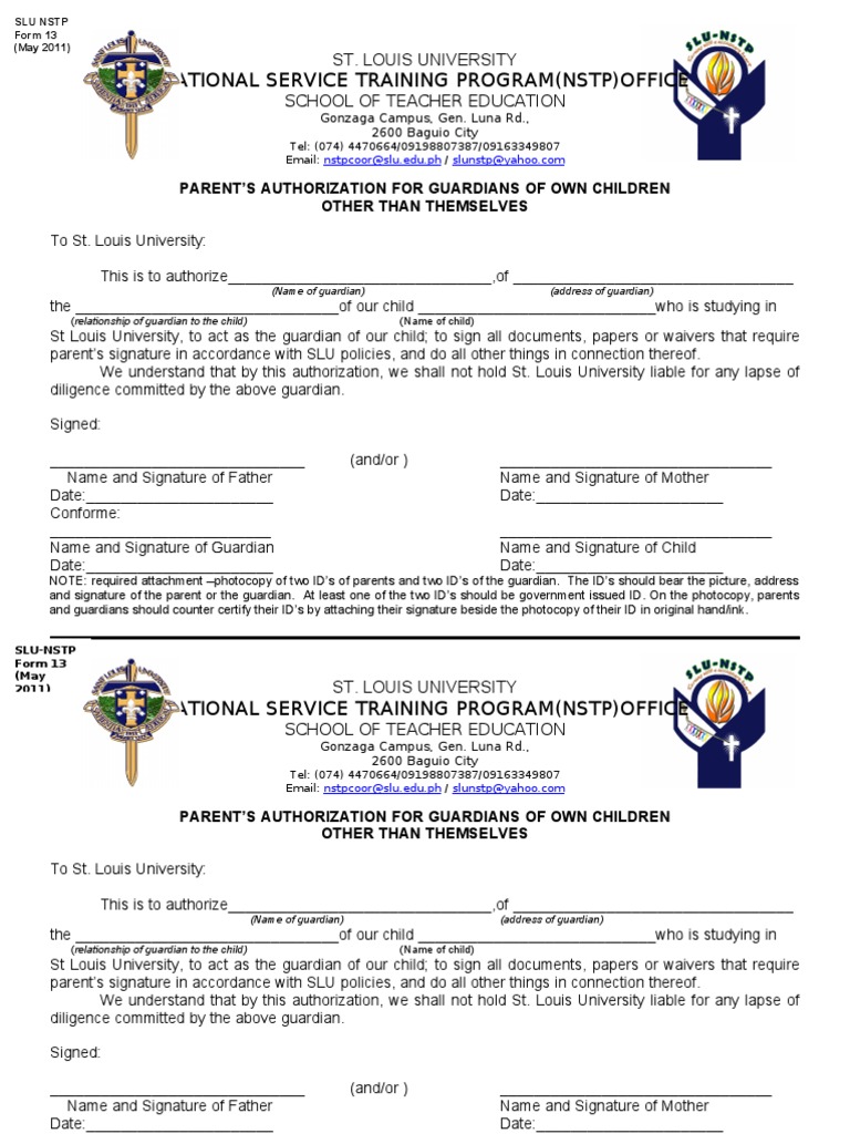SLU NSTP Form 13 - Authorization Forms | PDF | Parent | Relationships
