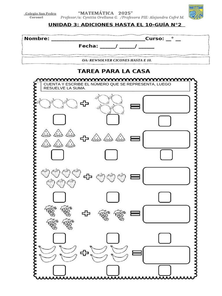 Guía 2 Tarea de Sumas Hasta El 10. | PDF
