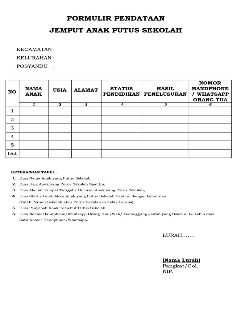 Formulir Pendataan Anak Yang Putus Sekolah1 | PDF