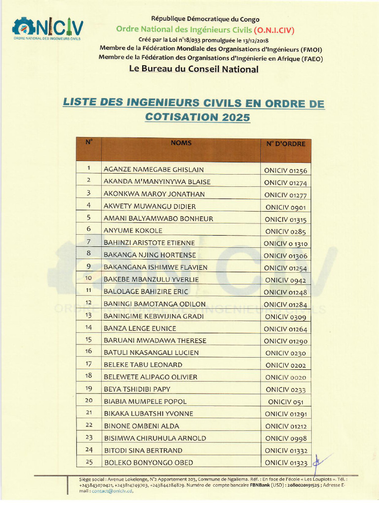 Liste Des Ingenieurs Civils en Ordre de L'exercice 2025 | PDF